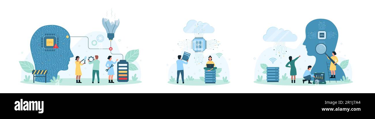 Digital brain and AI technology set vector illustration. Cartoon tiny ...