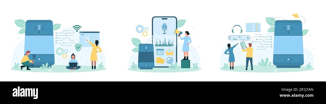 Smart voice assistant set vector illustration. Cartoon tiny people ...