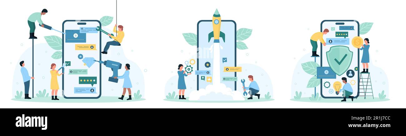 Mobile app launch, repair and release set vector illustration. Cartoon ...