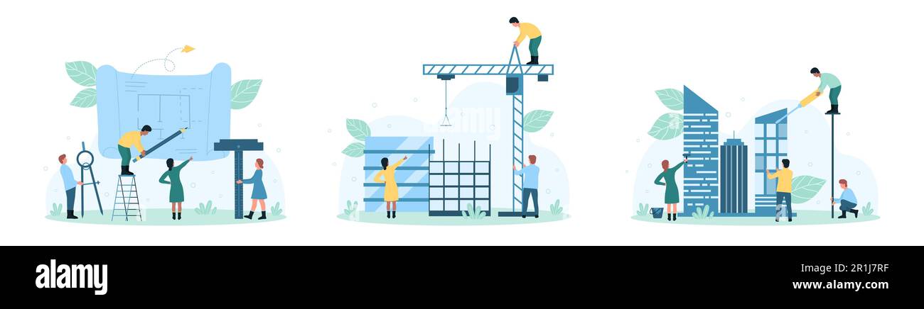 Architect job set vector illustration. Cartoon tiny people drawing ...