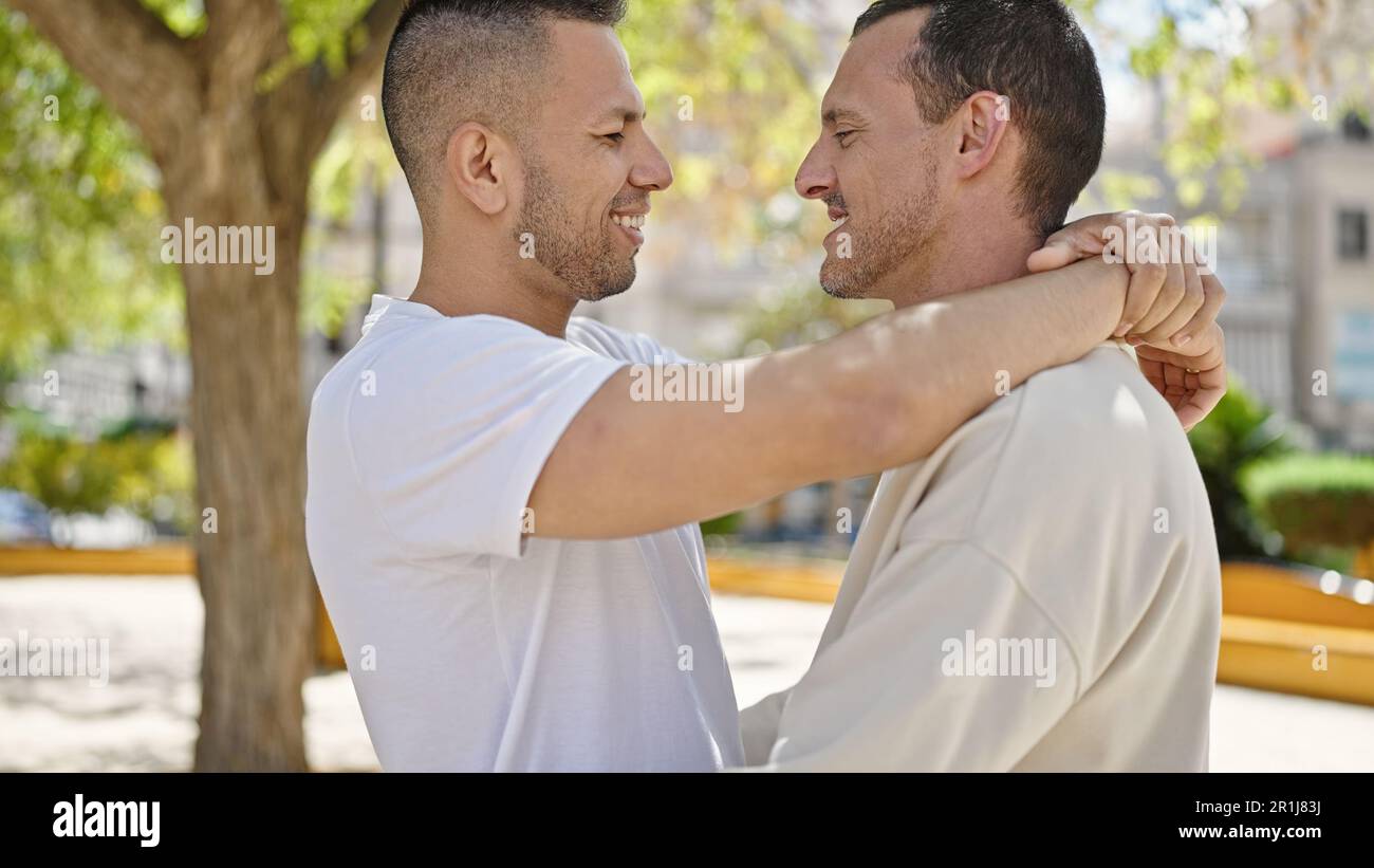 Two men couple smiling confident hugging each other at park Stock Photo ...