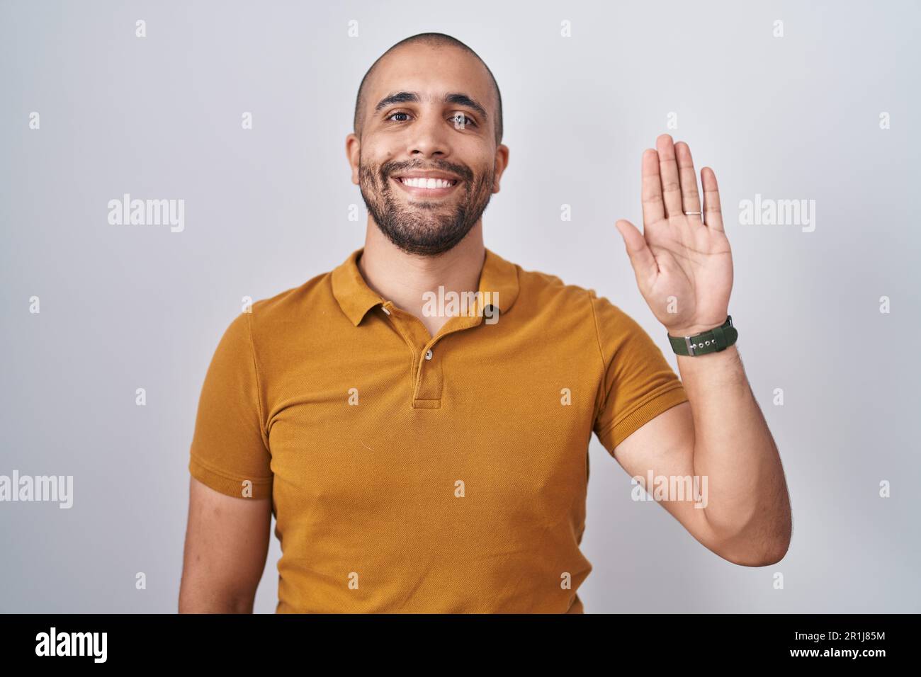 Hispanic man with beard standing over white background waiving saying ...