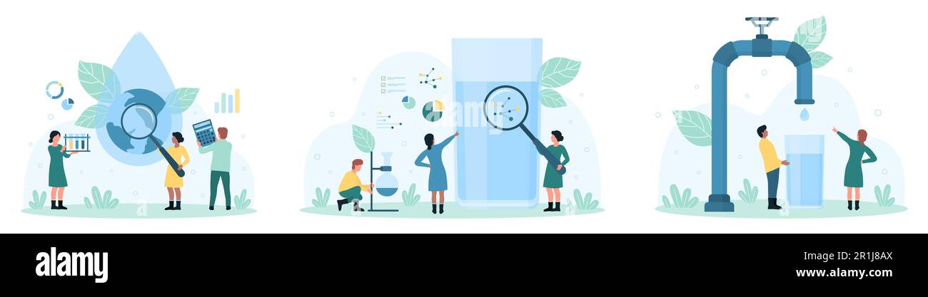 Water quality inspection set vector illustration. Cartoon tiny people ...