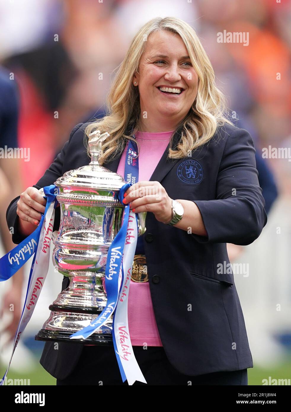 Chelsea manager Emma Hayes celebrates with the trophy following the ...