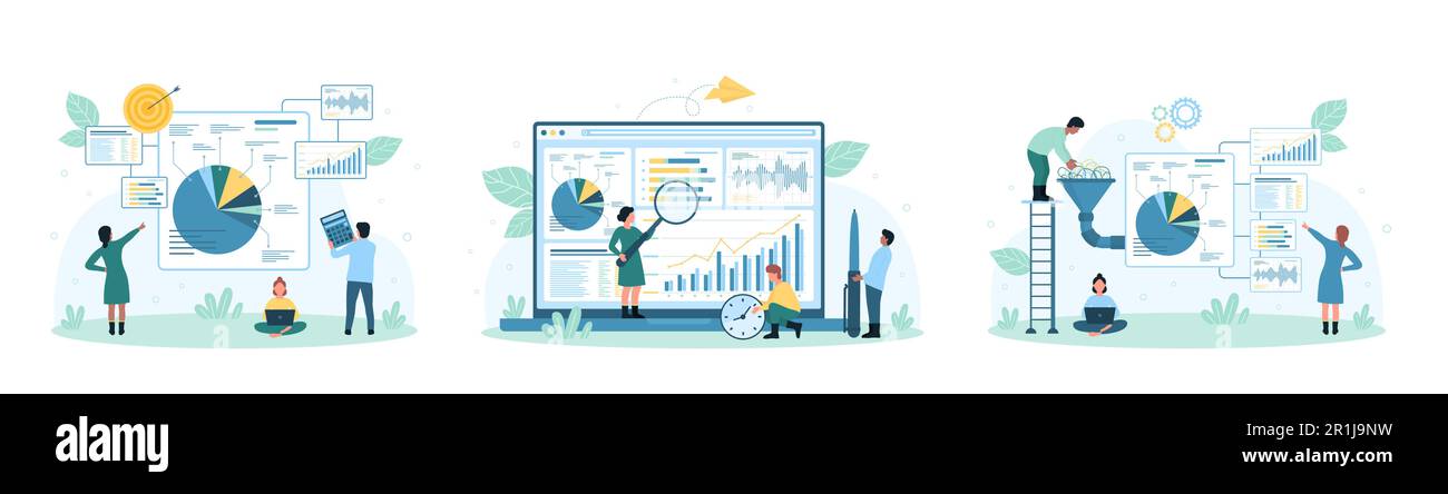 Stock market data analytics set vector illustration. Cartoon tiny people work on conversion of ...
