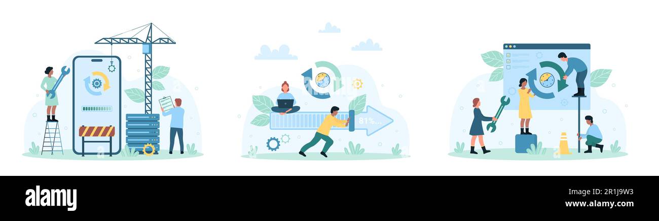Software update set vector illustration. Cartoon tiny people upgrade ...