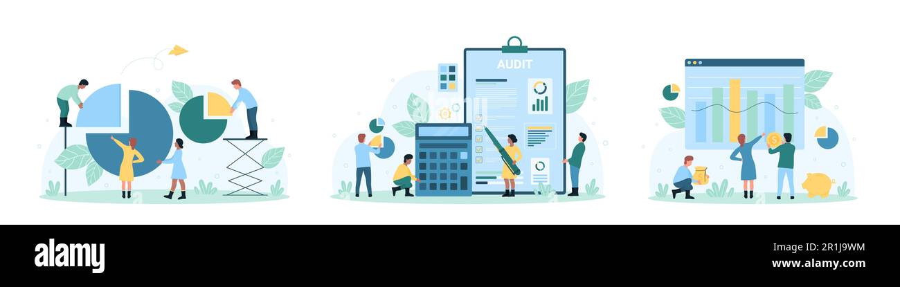 Finance analytics set vector illustration. Cartoon tiny people connect ...