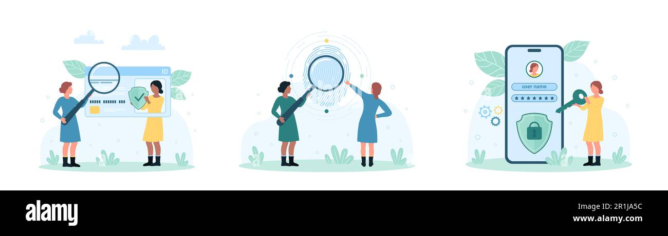 Data privacy, ID verification set vector illustration. Cartoon tiny ...
