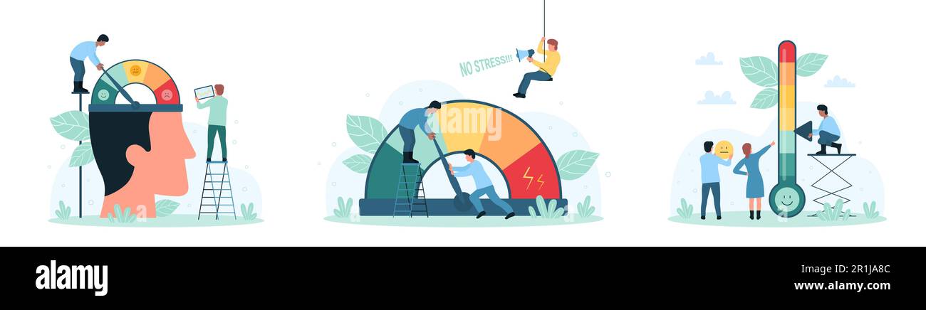 Stress levels set vector illustration. Cartoon tiny people manage ...