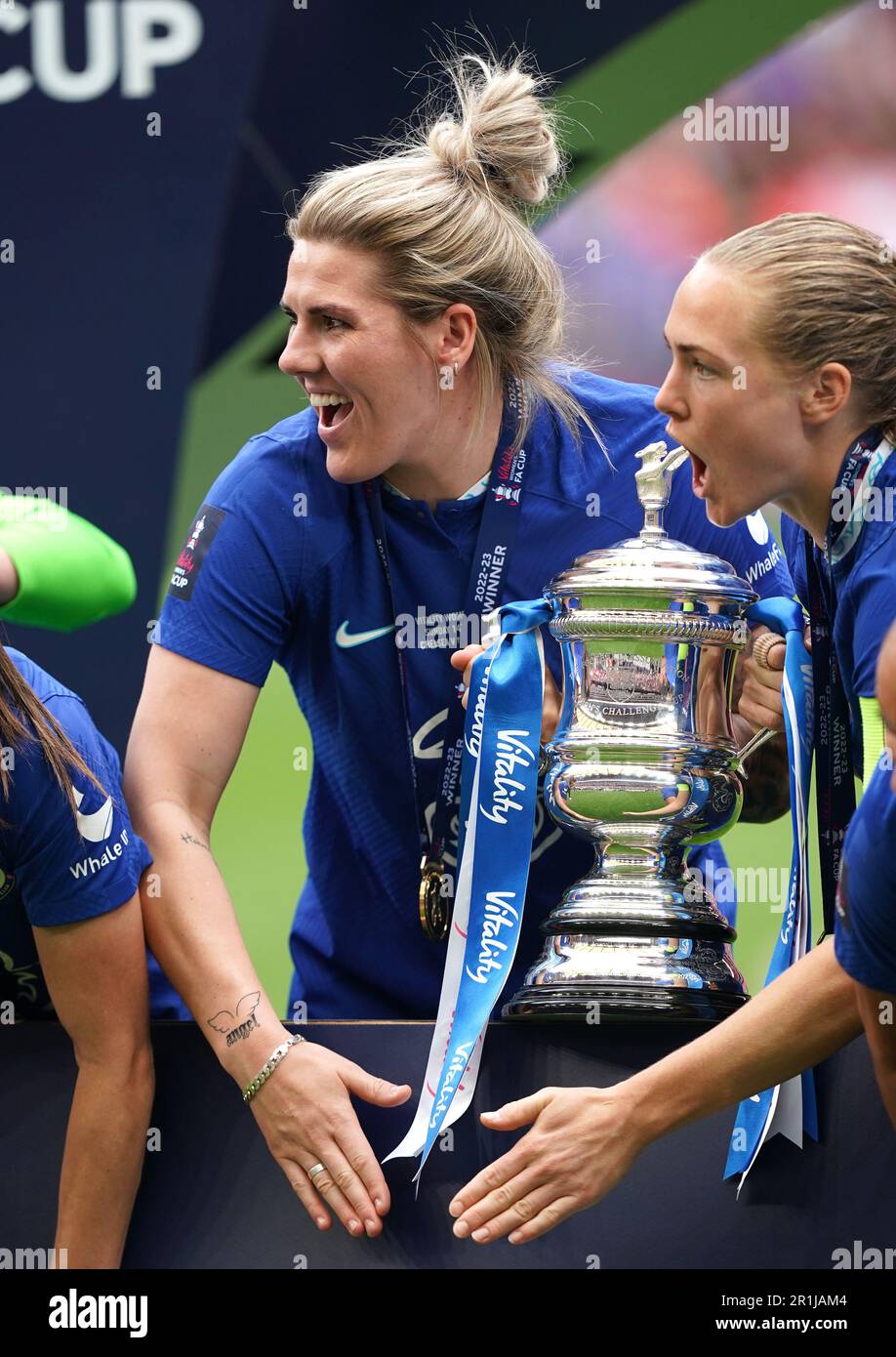 Chelsea's Millie Bright celebrates with the trophy following the ...