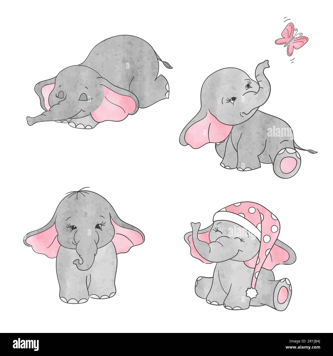 Set of cute cartoon baby elephants. Vector watercolor illustration ...