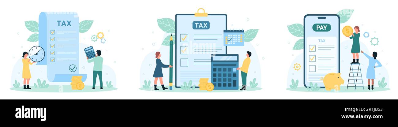 Tax payment and calculation set vector illustration. Cartoon tiny ...