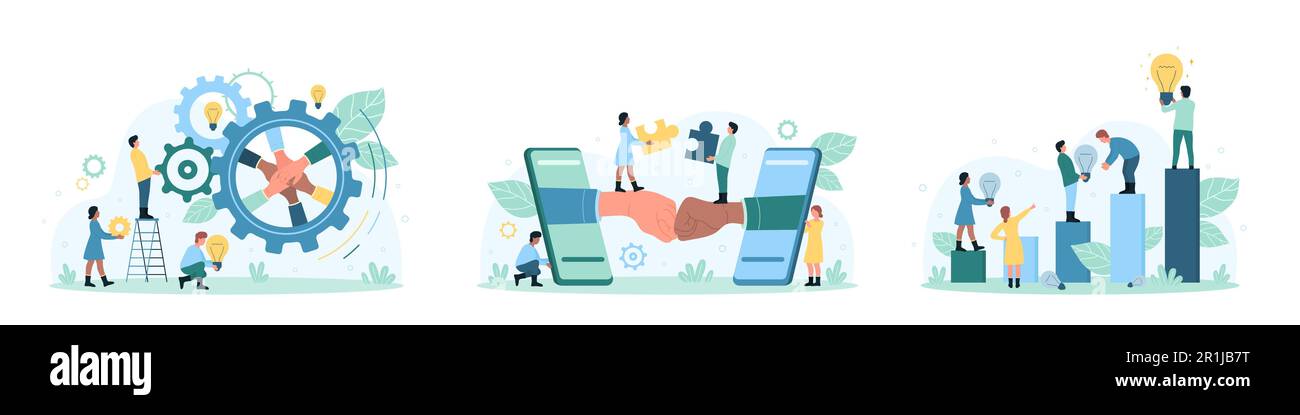 Teamwork and collaboration set vector illustration. Cartoon tiny people ...