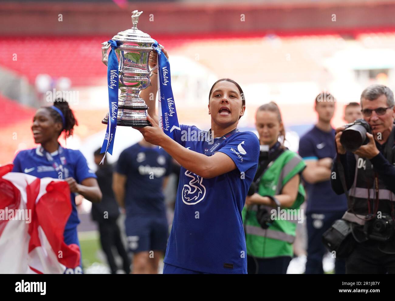 Chelsea's Sam Kerr lifts the trophy following the Vitality Women's FA ...