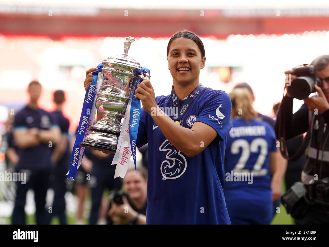 Chelsea's Sam Kerr lifts the trophy following the Vitality Women's FA ...