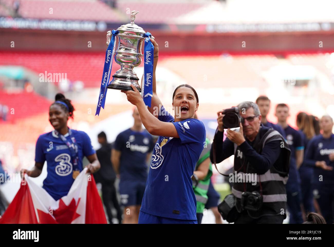Chelsea's Sam Kerr lifts the trophy following the Vitality Women's FA ...