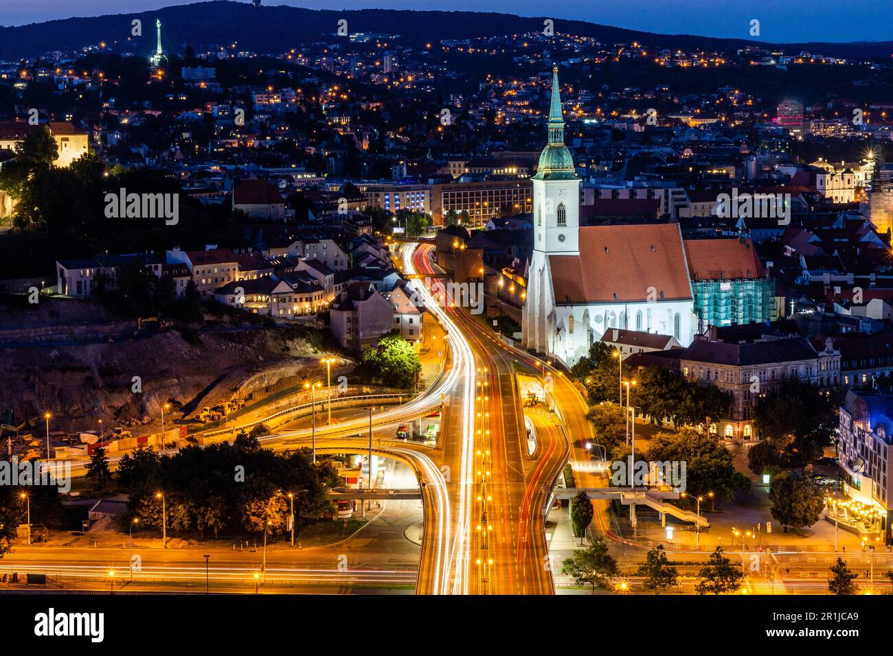 Evening aerial view of Staromestska street and St Martin's Cathedral in ...