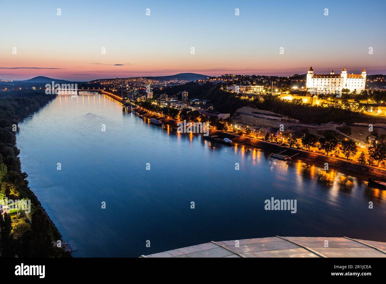 Evening view Danube river and the castle in Bratislava, capital of ...