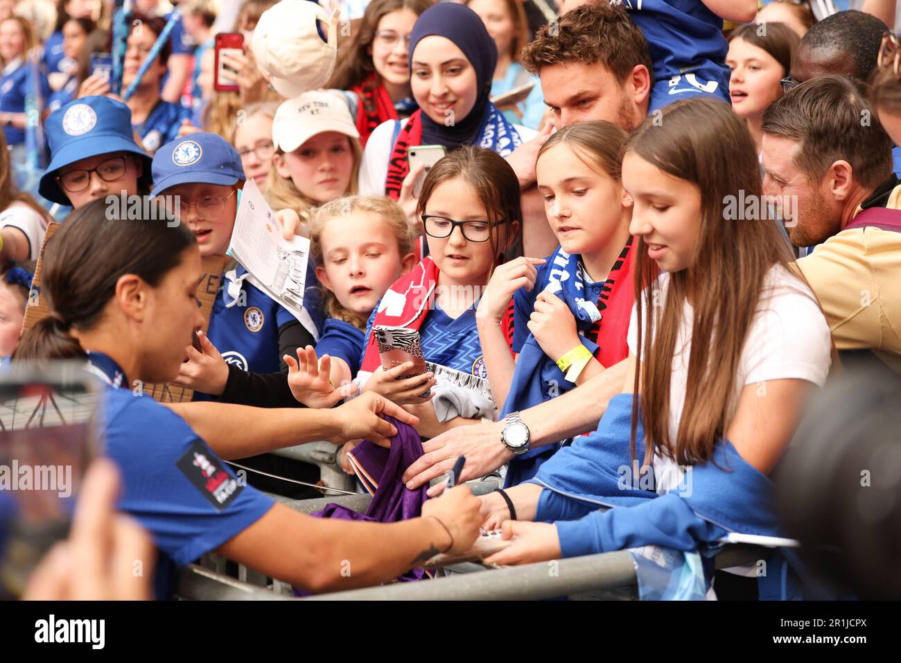 London, UK. 14th May, 2023. Sam Kerr of Chelsea Women signs autographs ...
