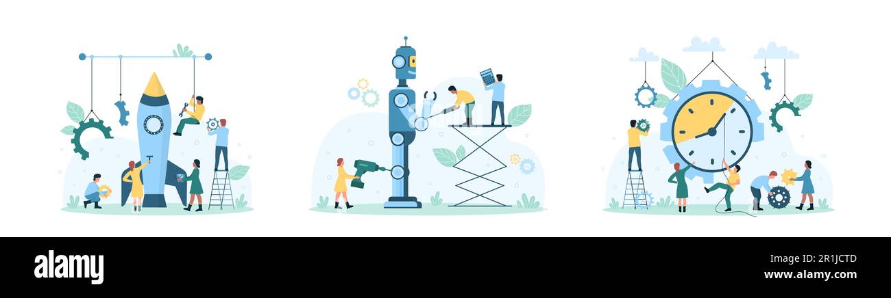 Tech startup set vector illustration. Cartoon tiny people building ...