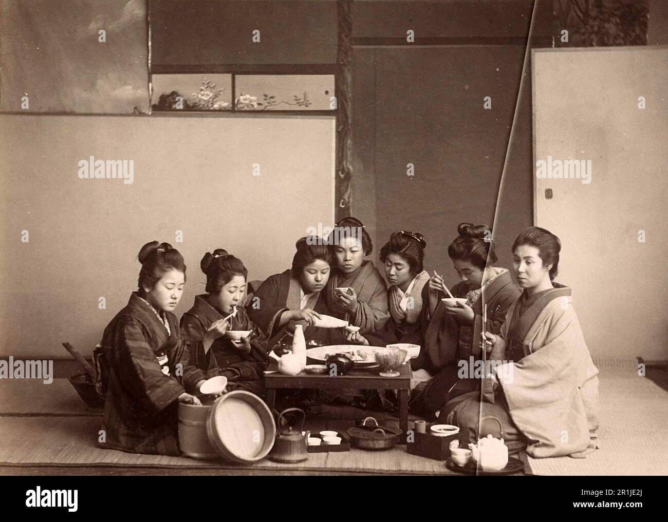 Japanese women sharing a meal, 1900, Japan, Historical, digitally ...