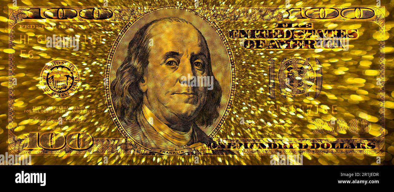 golden textured 100 US dollar banknote with black background for design ...