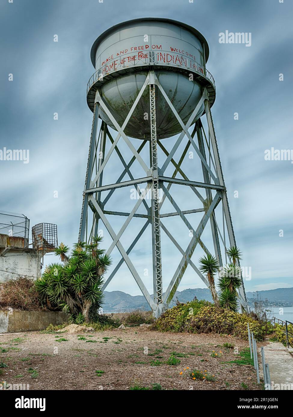 The water tower of Alcatraz Island was painted with protest signs for ...