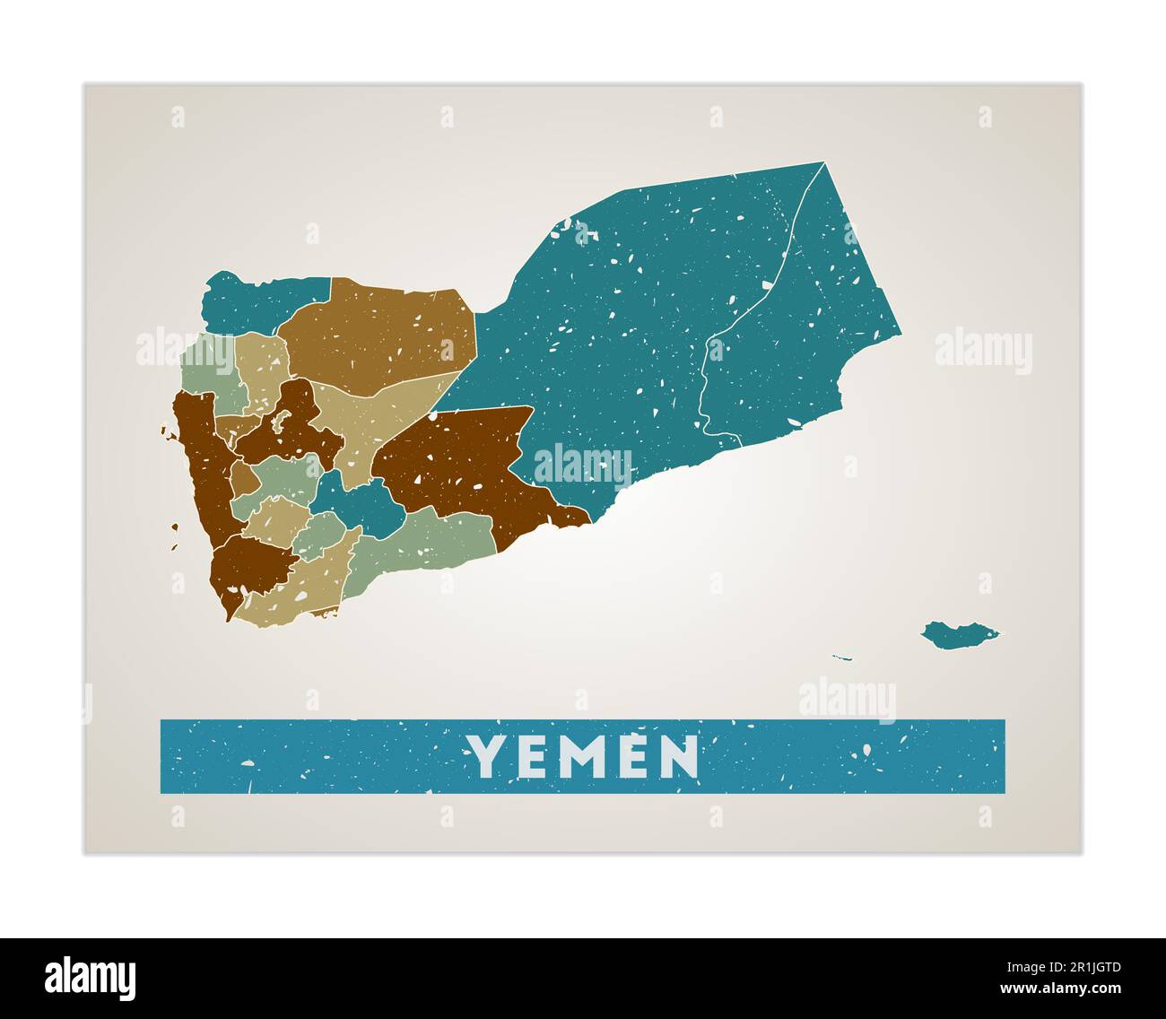 Yemen map. Country poster with regions. Old grunge texture. Shape of ...