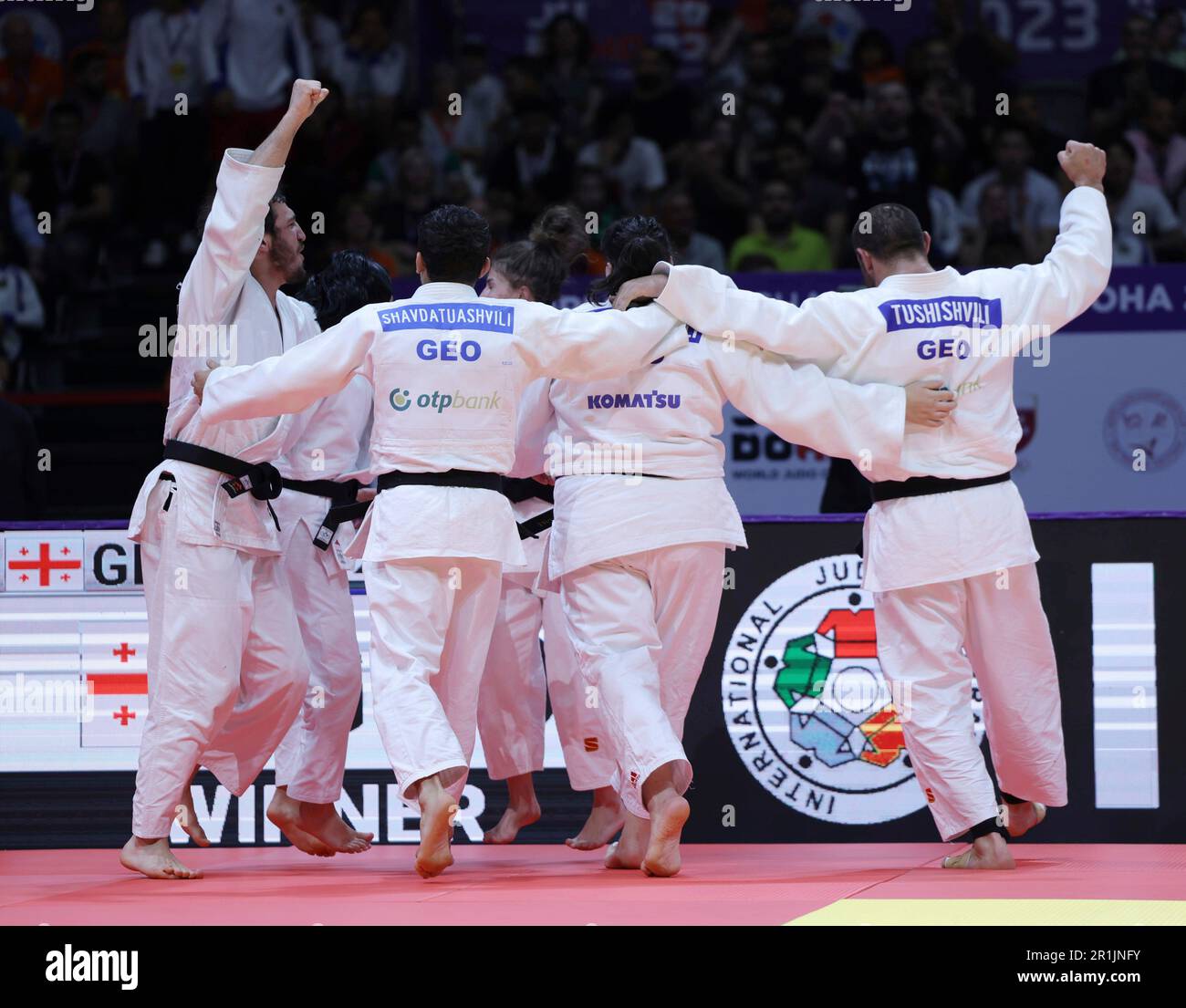 Members of Georgia celebrate during World Judo Championships 2023 mixed ...