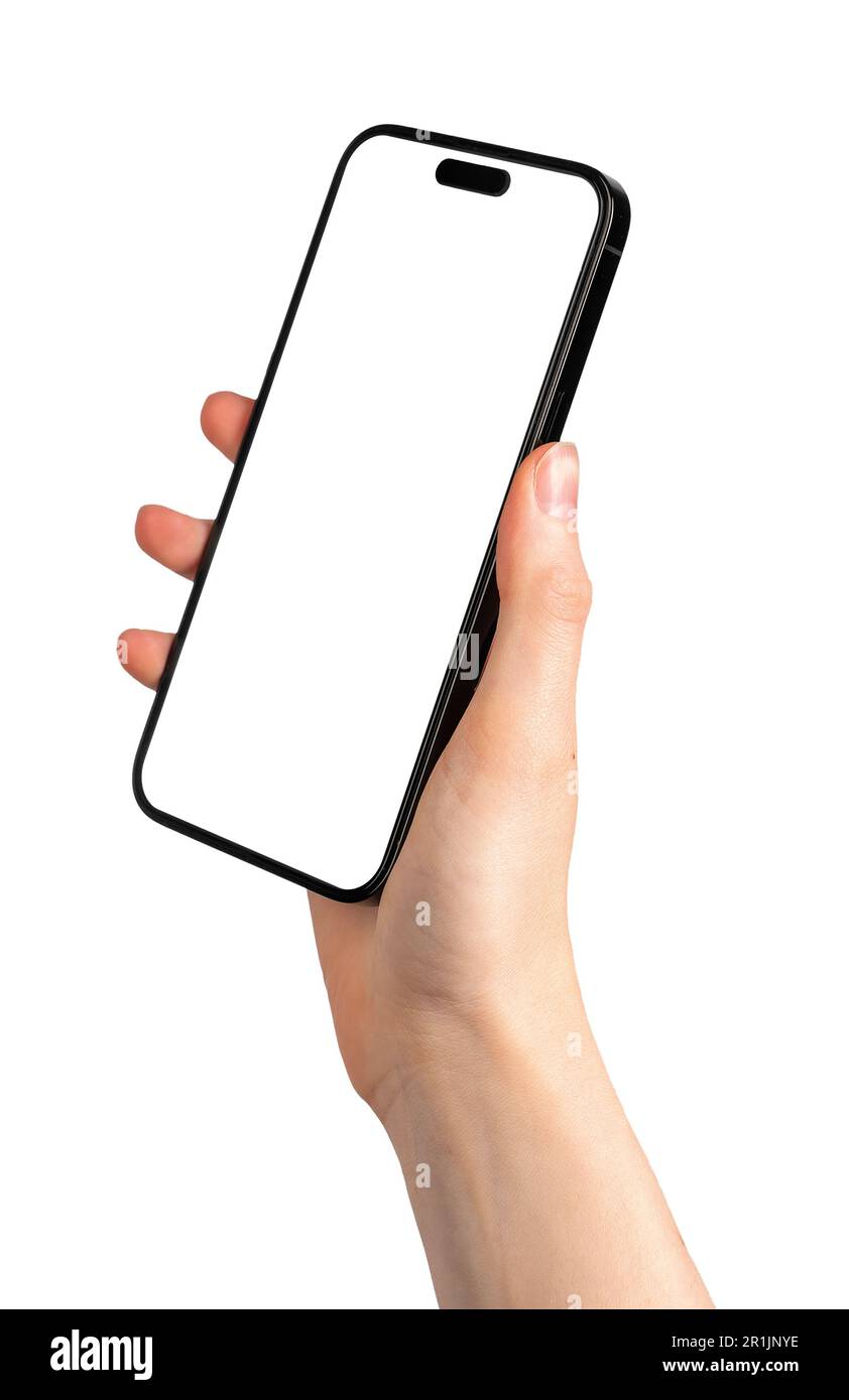 Berlin, Germany May 14 2023 Hand holding mobile phone screen mockup Iphone 14 pro max ...
