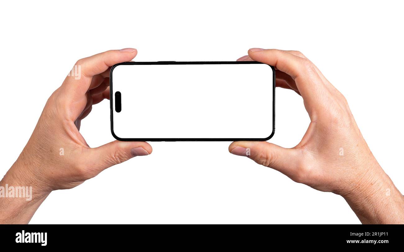 Berlin, Germany May 14 2023 Two hands holding smart phone Iphone 14 pro ...