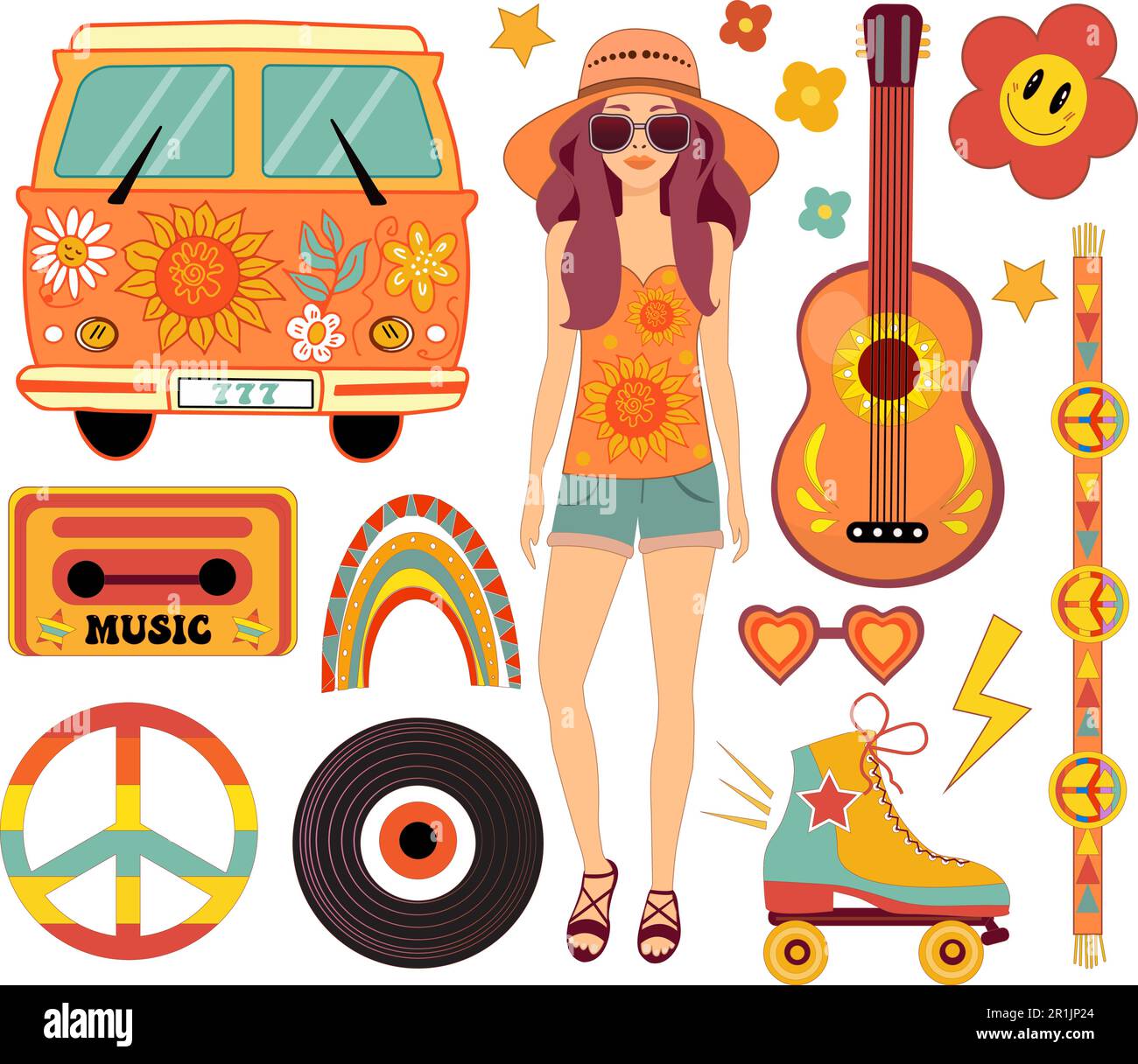 Hippie groove retro vintage icons with girl hippy in 70s-80s style ...