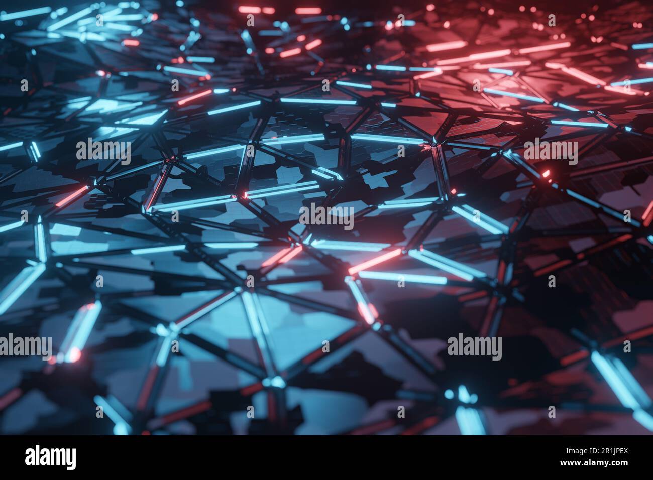 Shiny metal geometrical triangles forming bumpy plane illuminated by ...