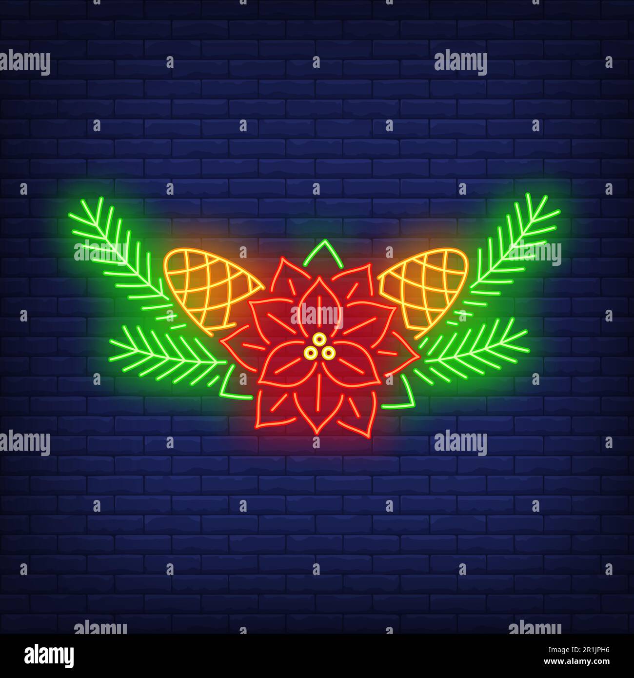 Poinsettia flower, fir-tree needles and cones neon sign Stock Vector ...