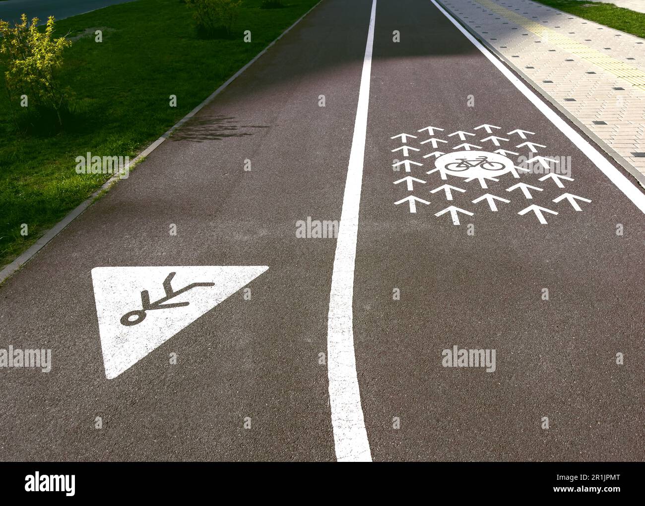 Bicycles and pedestrians signs, painted marking on road, lane Stock ...