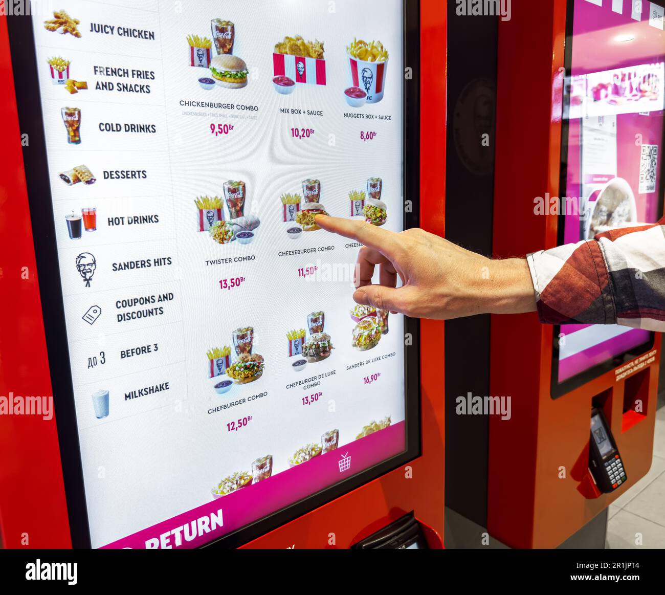 Minsk Belarus May 14 2023 Hand choosing fast food at self ordering ...