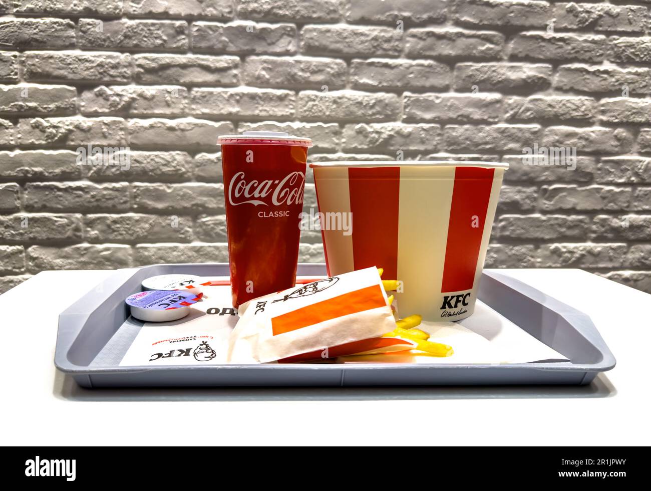 Minsk Belarus May 13 2023 Fast food on tray in KFC restaurant, chicken ...