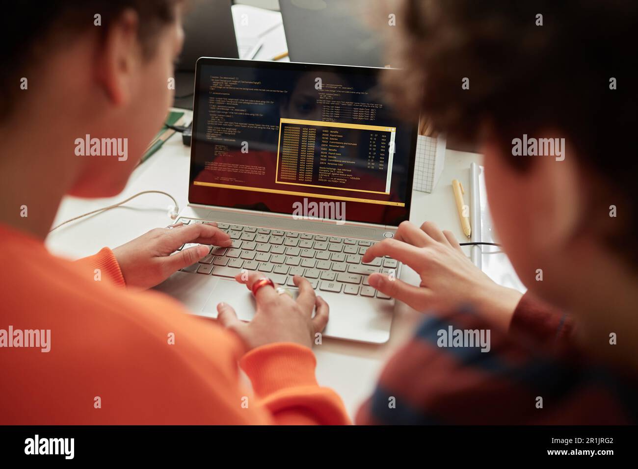 Back view at schoolchildren using laptop in computer programming class ...