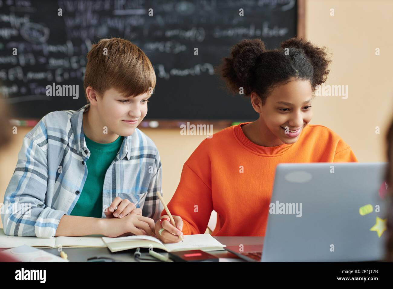 Portrait of two school children using laptop computer in class during ...