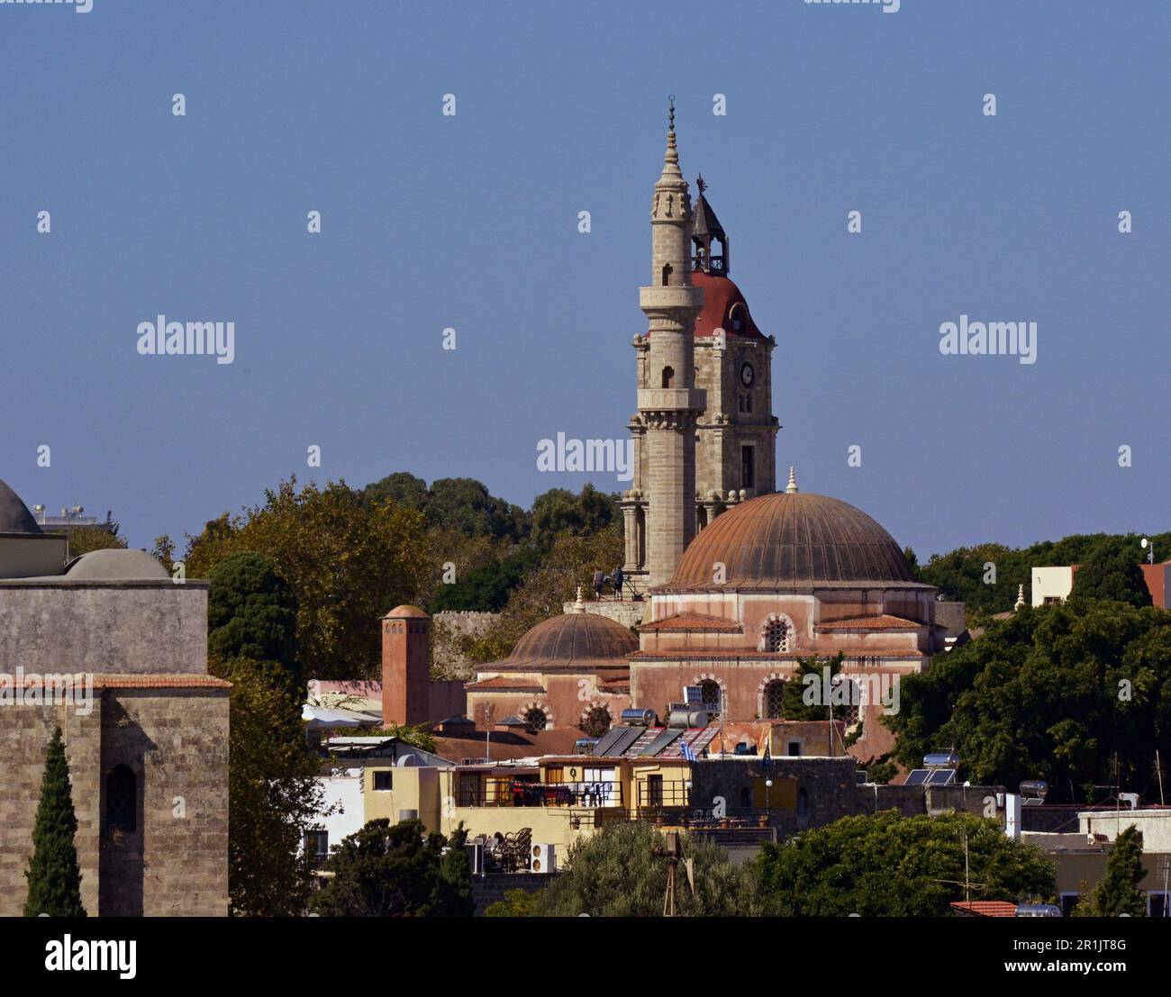 Close view of the buildings of the medieval old town of Rhodes.Domes of ...