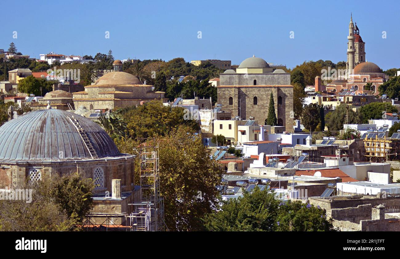 Close view of the buildings of the medieval old town of Rhodes.Domes of ...