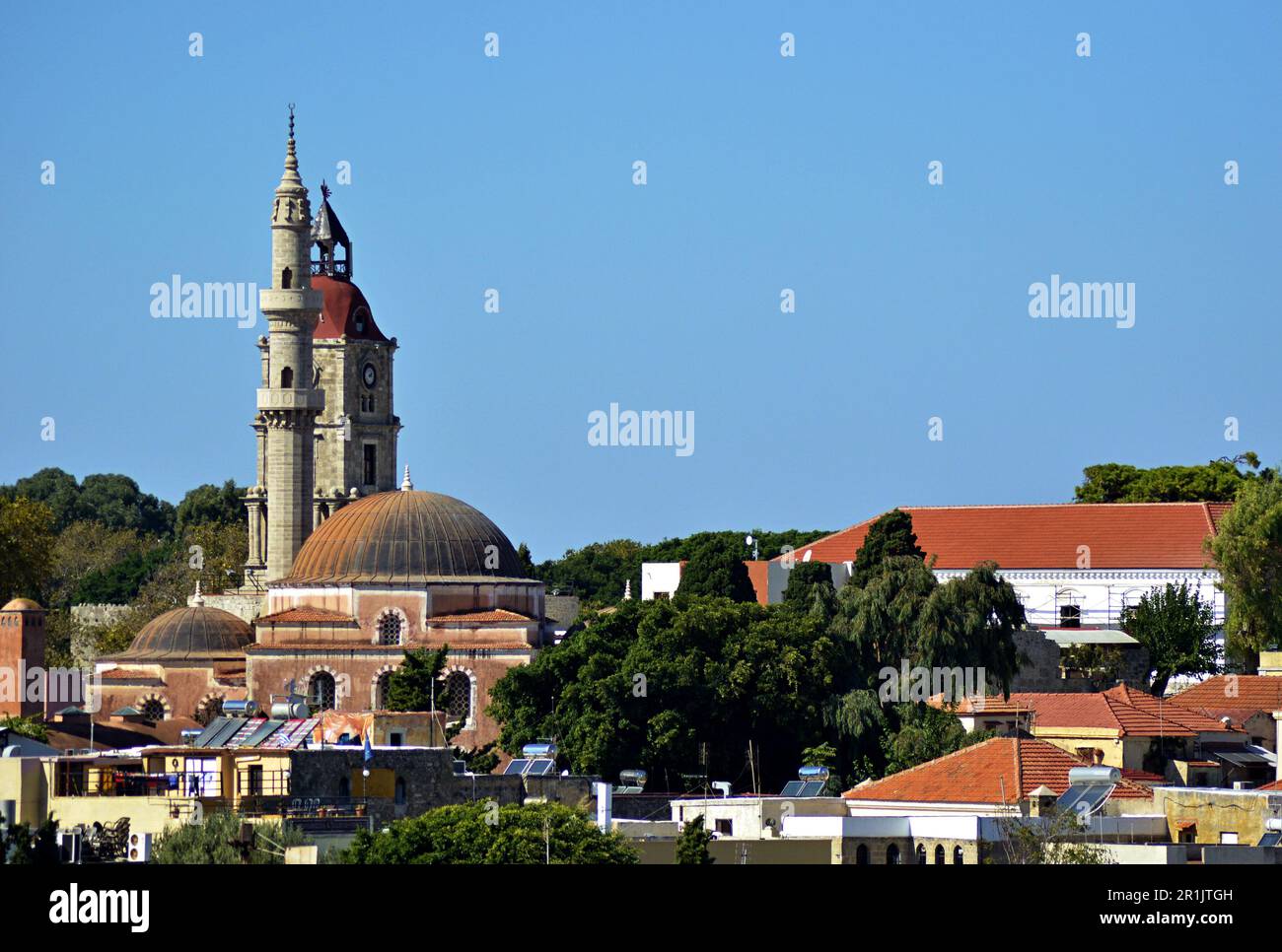 Close view of the buildings of the medieval old town of Rhodes.Domes of ...
