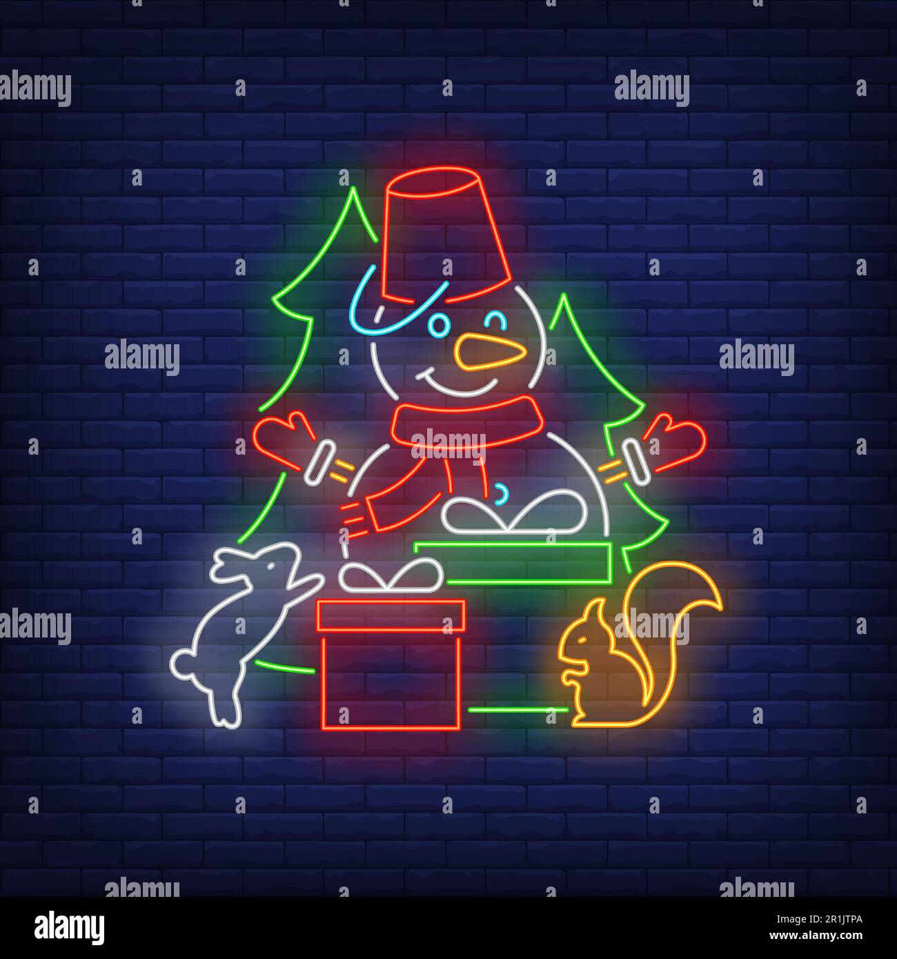 Snowman with gift boxes, squirrels, fir-trees neon sign Stock Vector ...