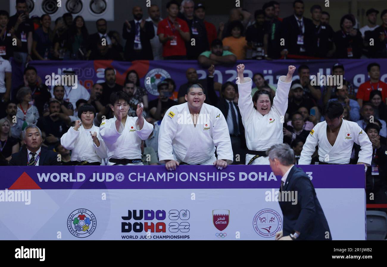 Members of Japan celebrate during World Judo Championships 2023 mixed ...