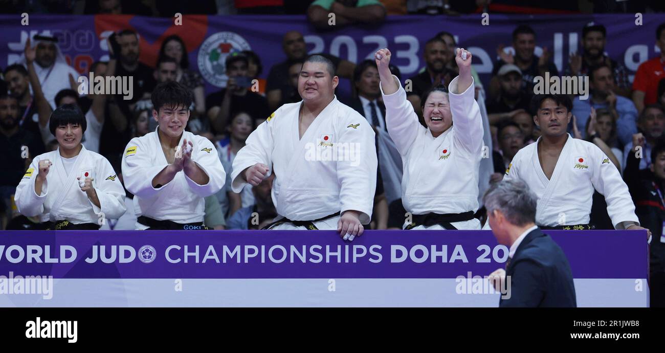 Members of Japan celebrate during World Judo Championships 2023 mixed ...