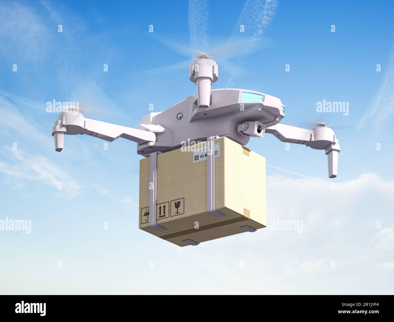 Flying delivery drone with cardboard box. Express delivery concept. 3d ...