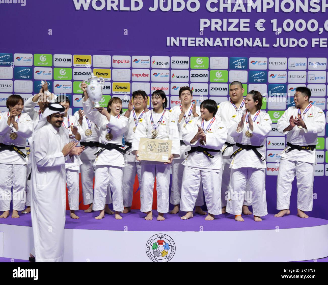 Members of Japan celebrate during an award ceremony of World Judo ...