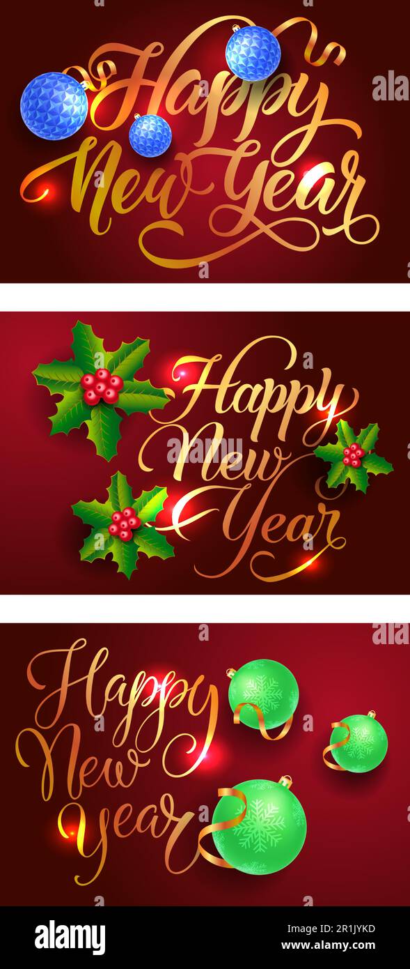Happy New Year banner set with hollen and balls on vinous ground Stock ...