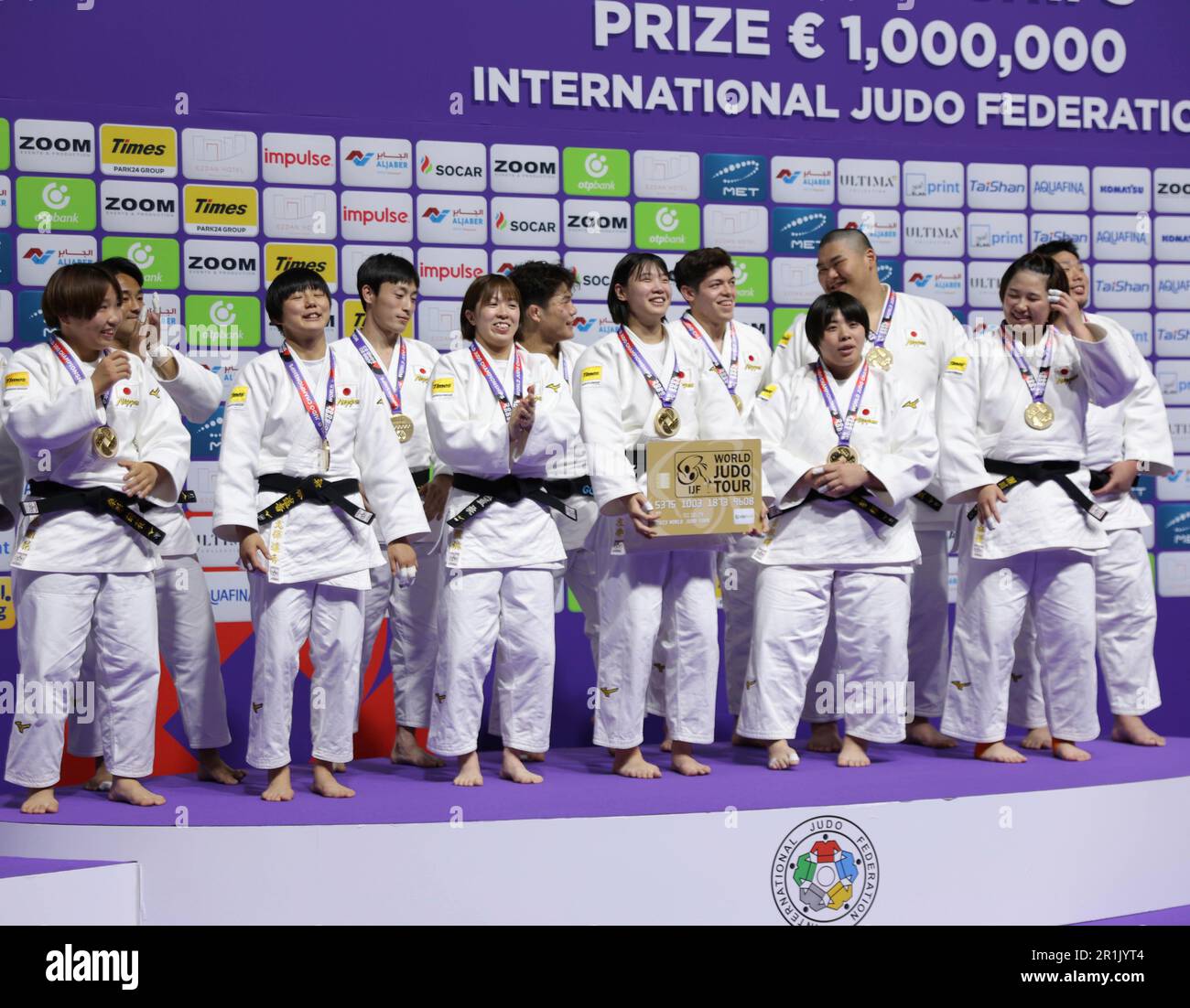 Members of Japan celebrate during an award ceremony of World Judo ...
