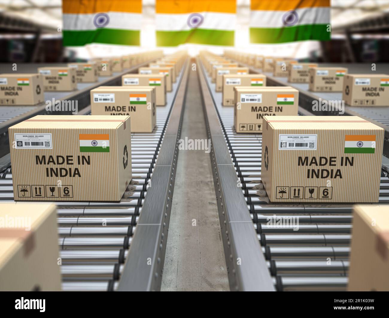 Made in India. Cardboard boxes with text made in India and indian flag ...